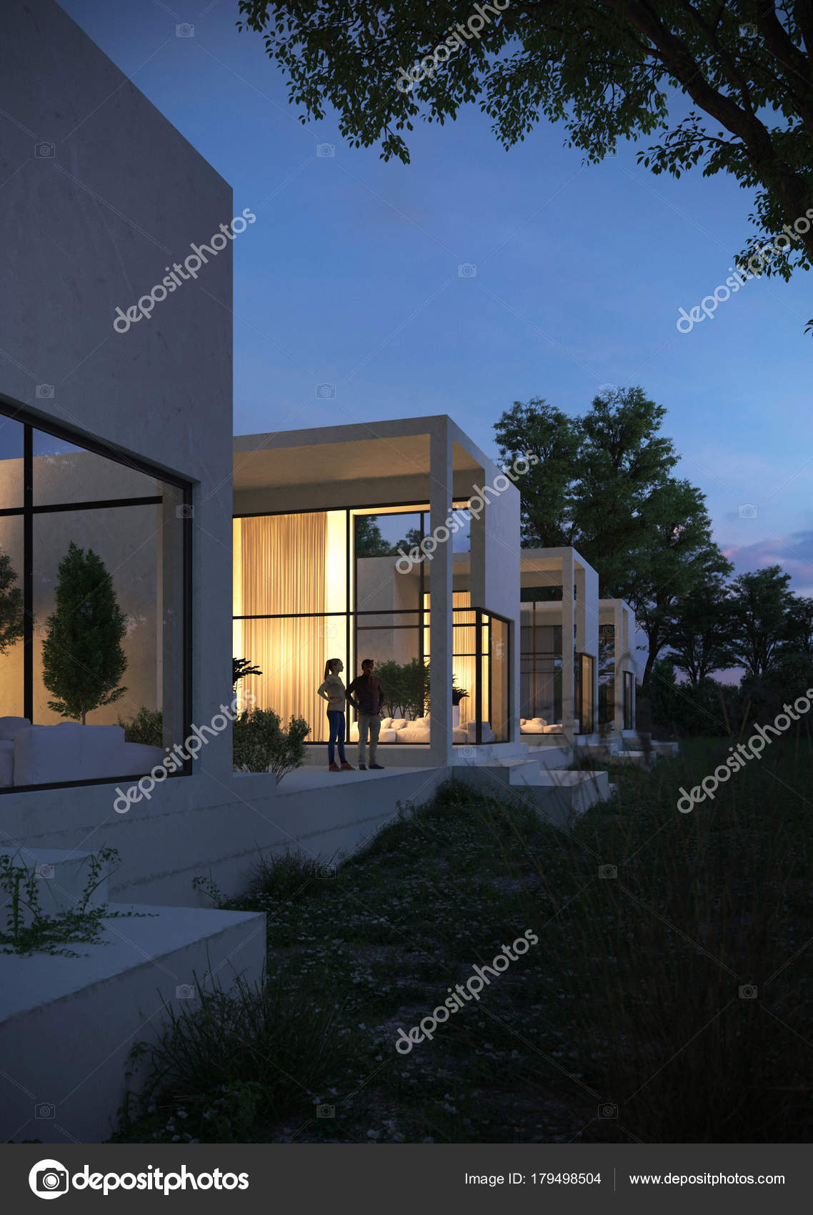 Modern Architecture White Concrete Trees Pond Stock Photo by ...