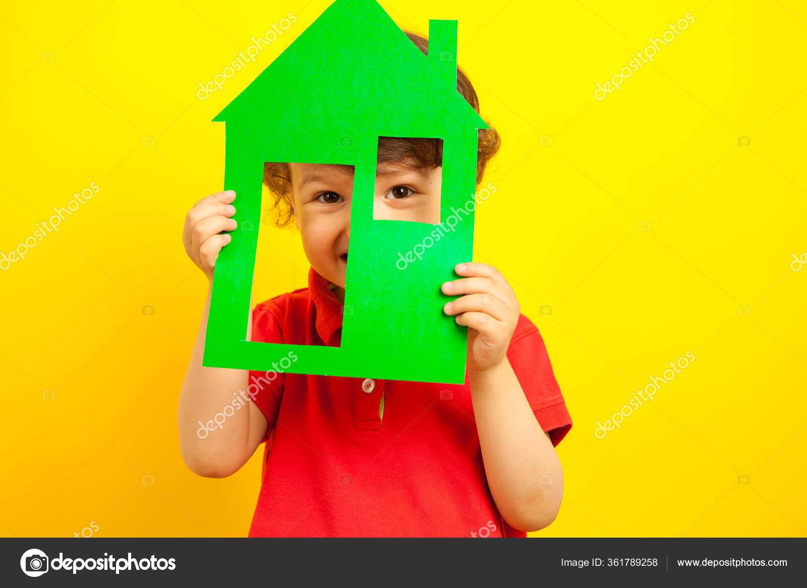 Boy Hiding Cardboard House Child Bright Red Jacket Bright Yellow ⬇ ...