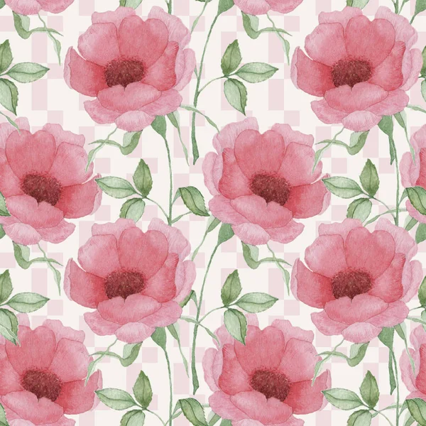 Seamless pattern with pink flowers and leaves on white background ...