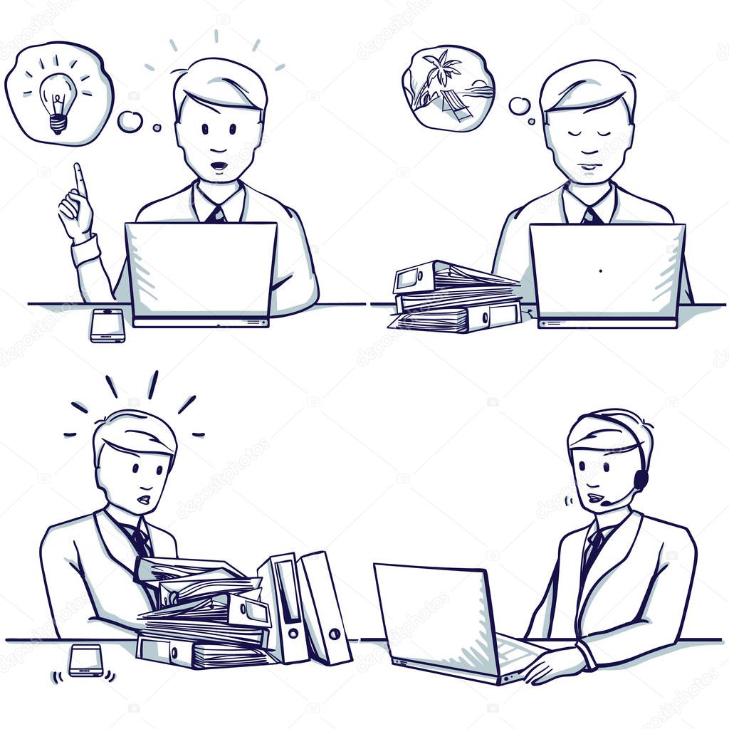 Conjunto de ilustración de dibujos animados hombre de negocios. Escenas ...