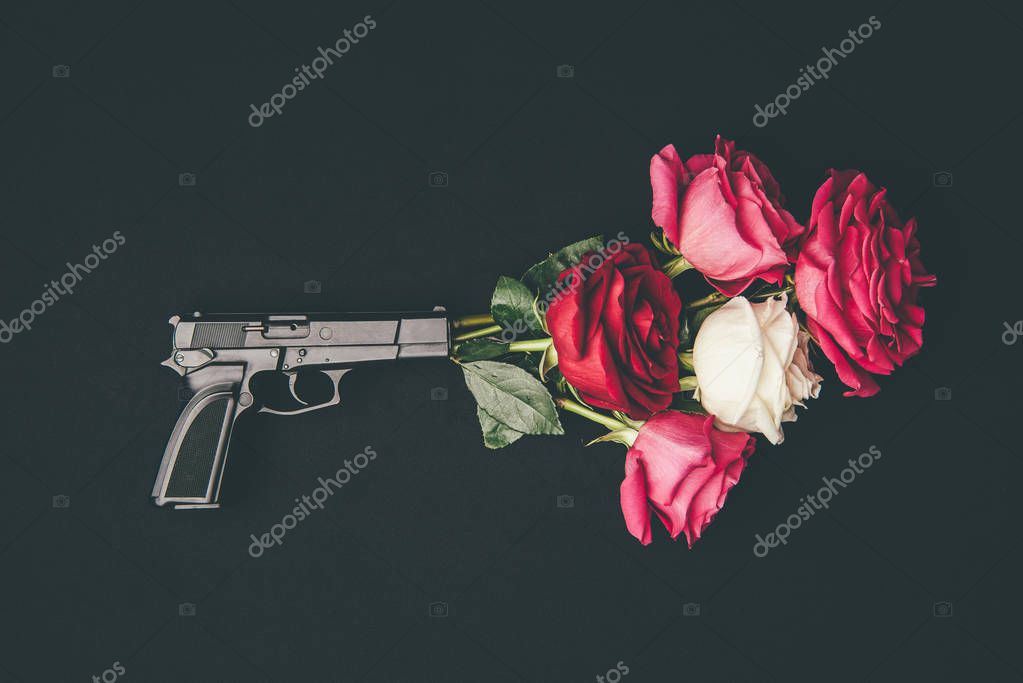 Gun Shooting Bouquet Rose Flowers Isolated Black — Stock Photo ...