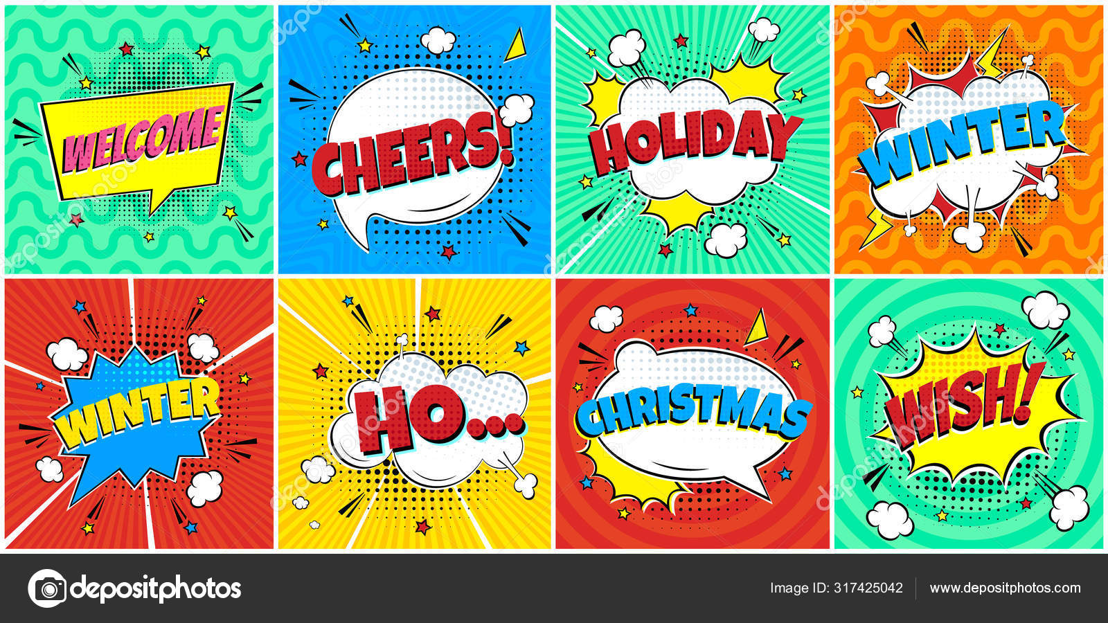 8 Comic Winter Lettering In The Speech Bubbles Comic Style Flat Design ...