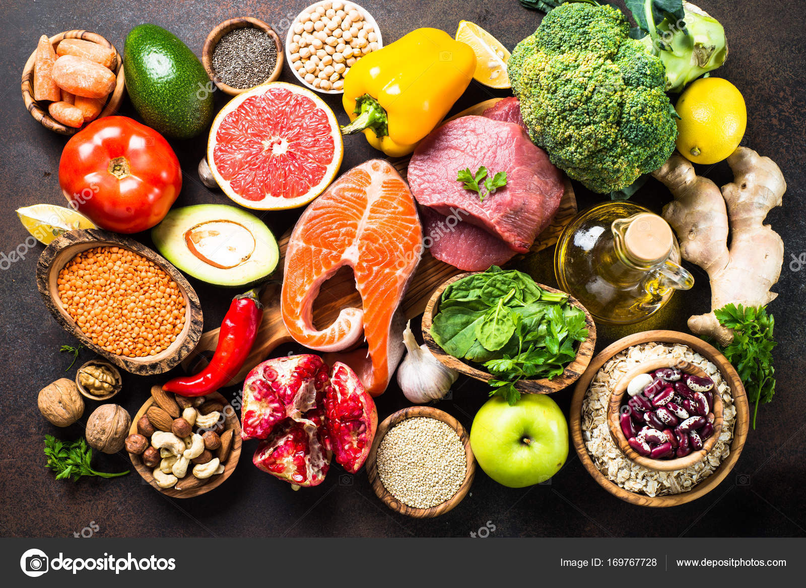 Balanced diet food background. Stock Photo by ©Nadianb 169767728