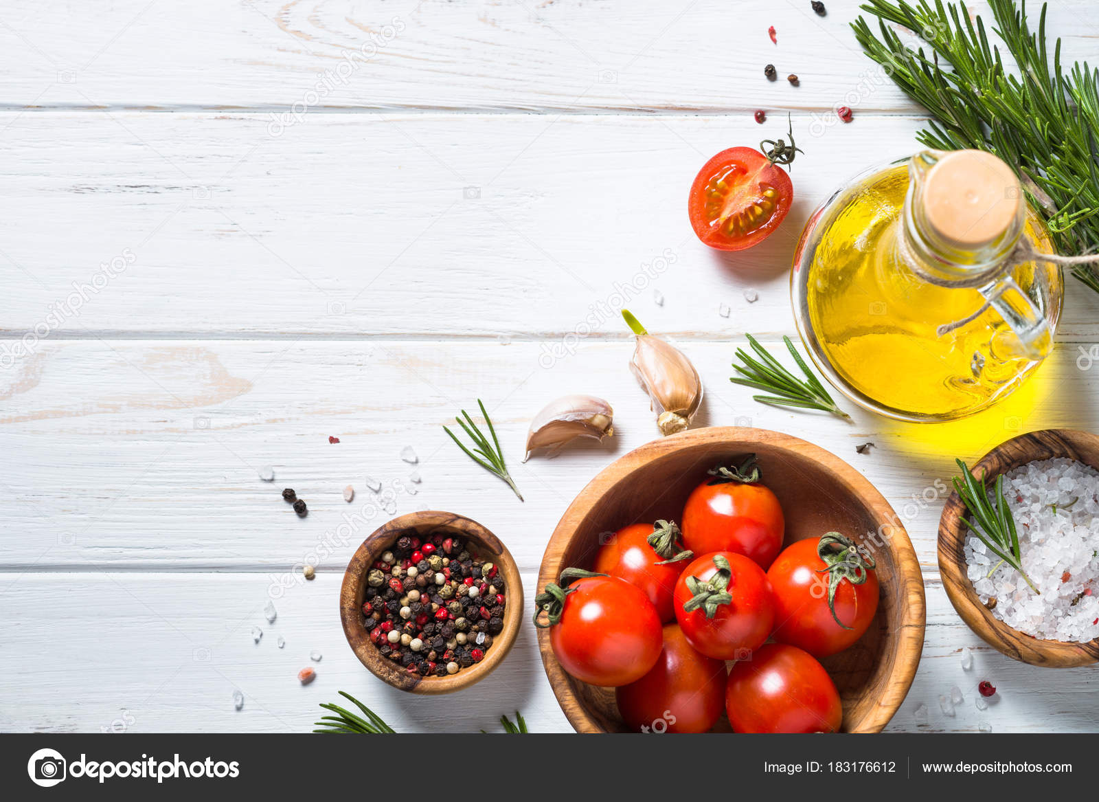 Food background on white wooden table. — Stock Photo © Nadianb #183176612