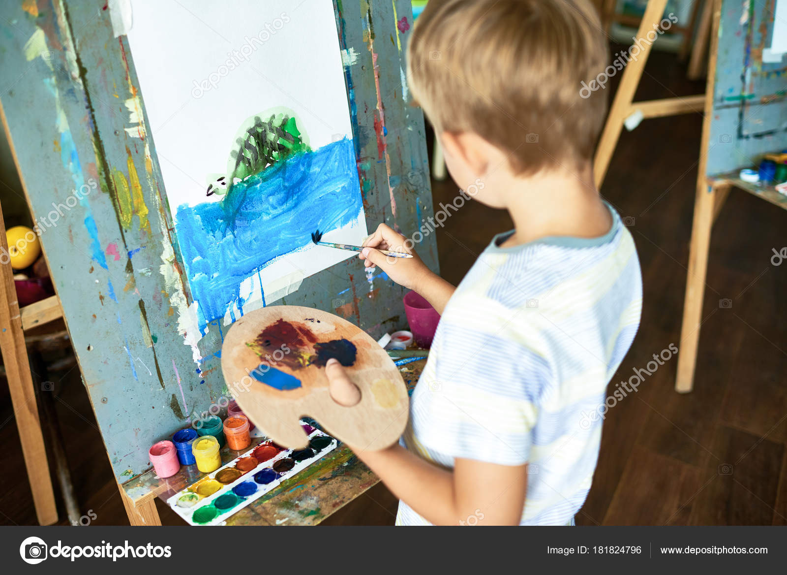 Back View Fair Haired Little Boy Drawing Picturesque Landscape While ...