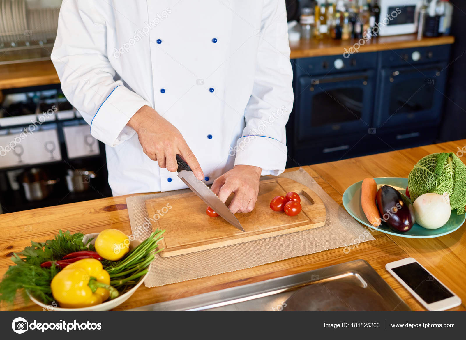 Close Unrecognizable Cook Cutting Fresh Cherry Tomatoes Other ...