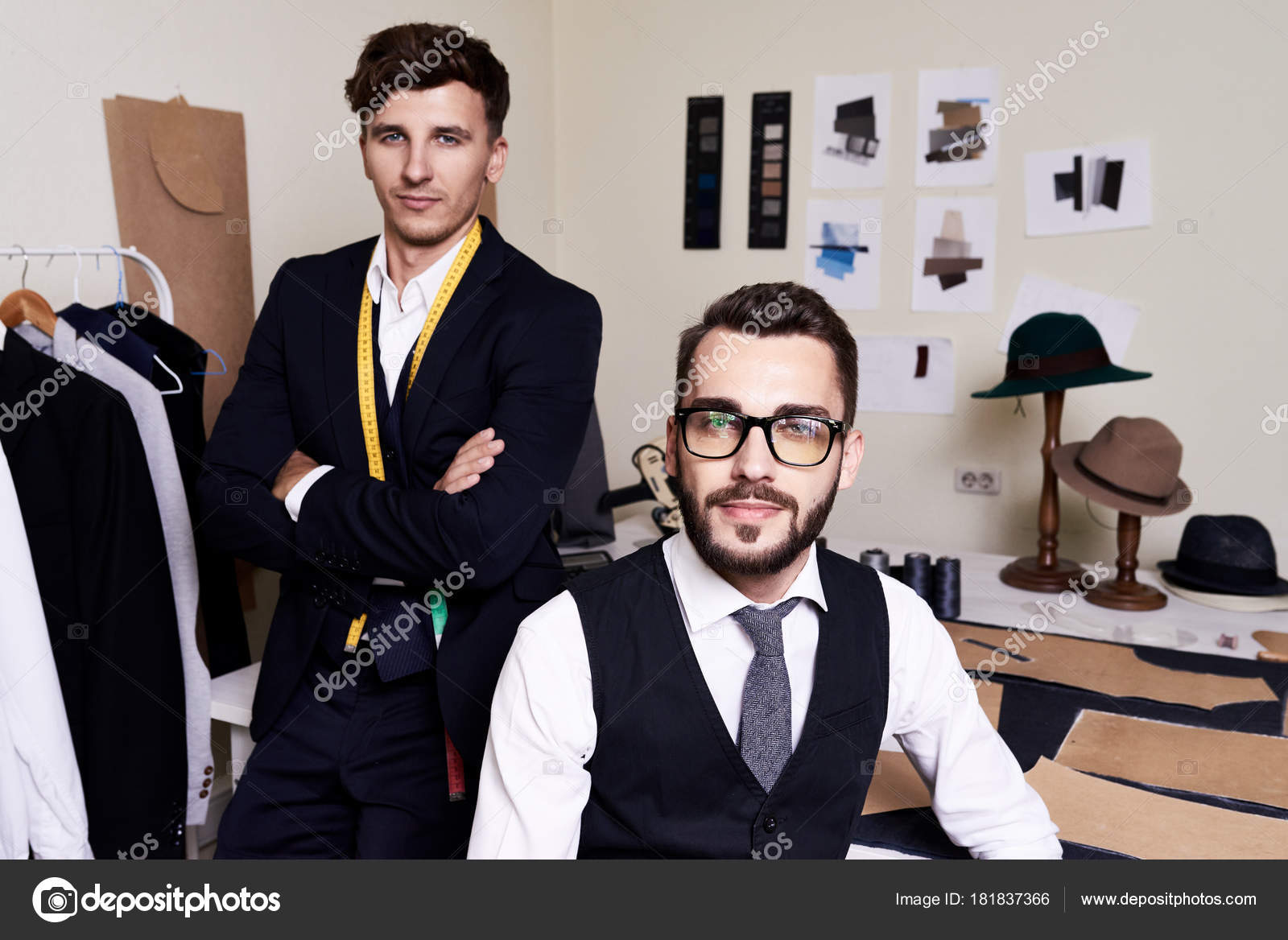 Portrait Two Handsome Tailors Posing Looking Camera Traditional Atelier ...