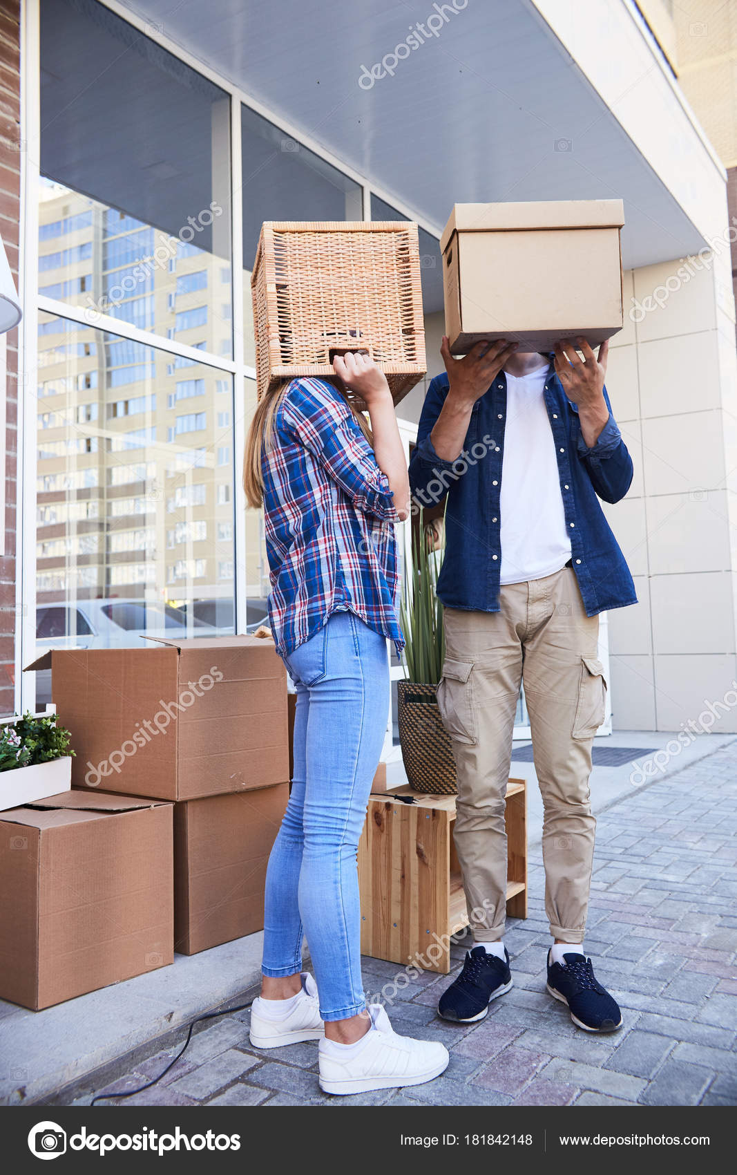 Portrait Unrecognizable Young Couple Boxes Heads Having Fun While ...