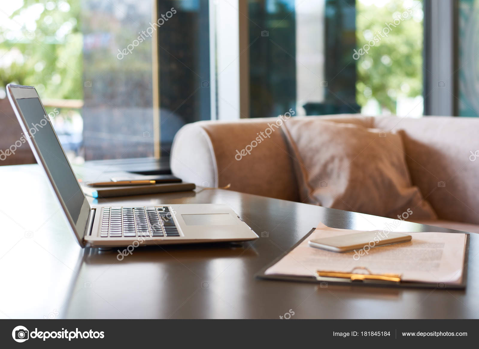 Interior Cozy Small Cafe Panoramic Windows Laptop Business Objects ...