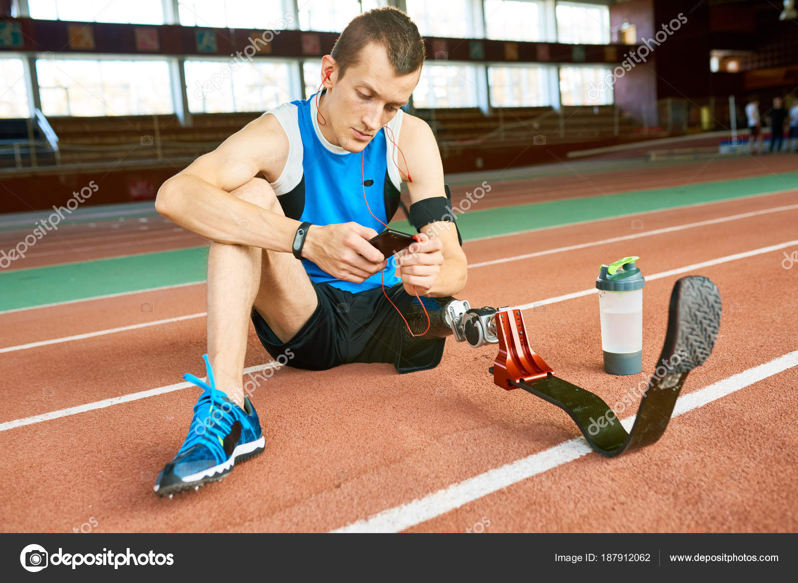 Full Length Portrait Young Amputee Athlete Sitting Running Track Using ...