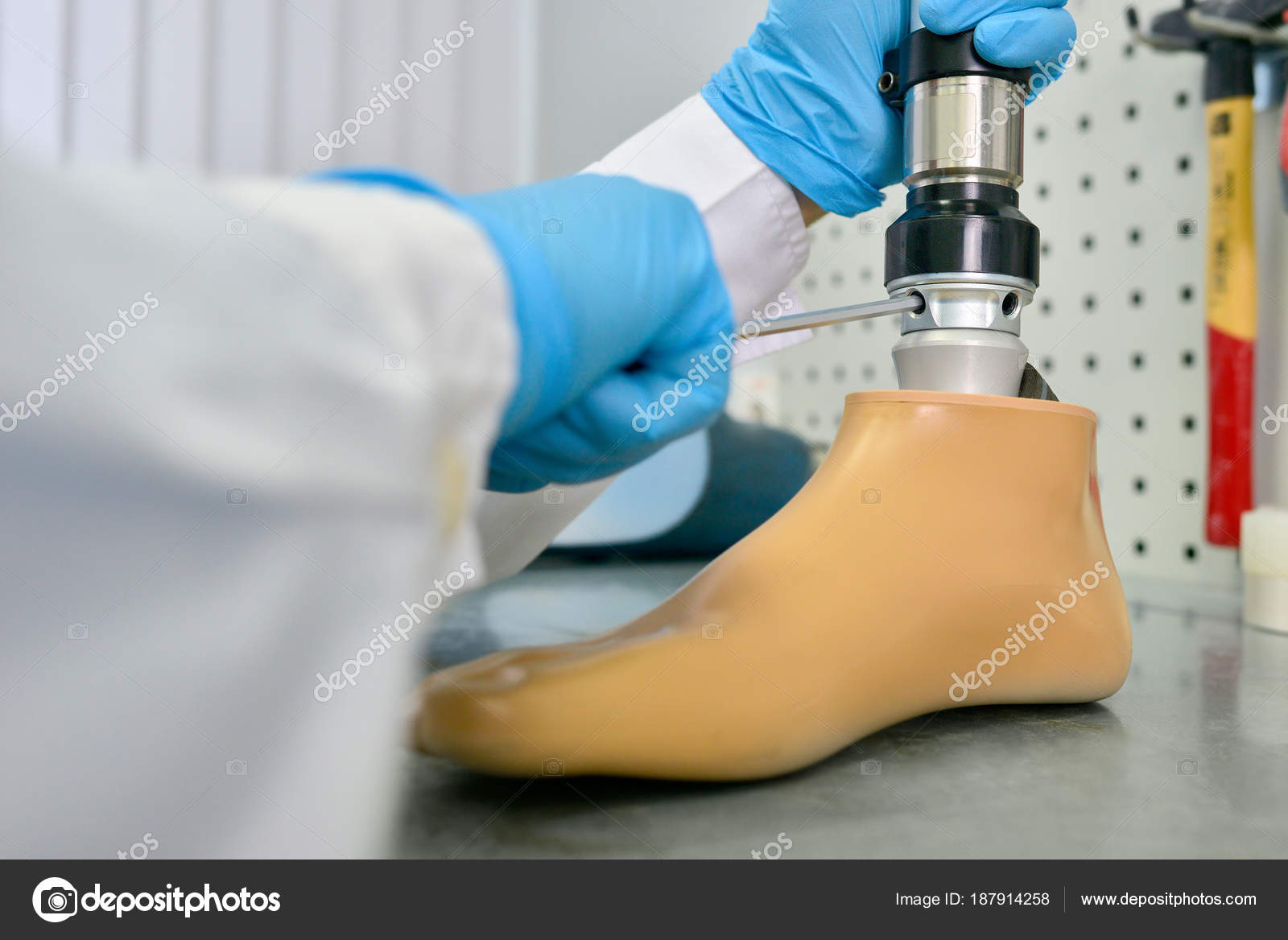 Close Shot Unrecognizable Prosthetist Assembling Prosthetic Leg Modern ...
