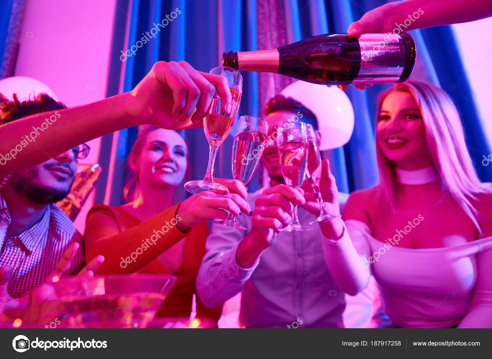 Low Angle Portrait Group Glamorous People Enjoying Private Party