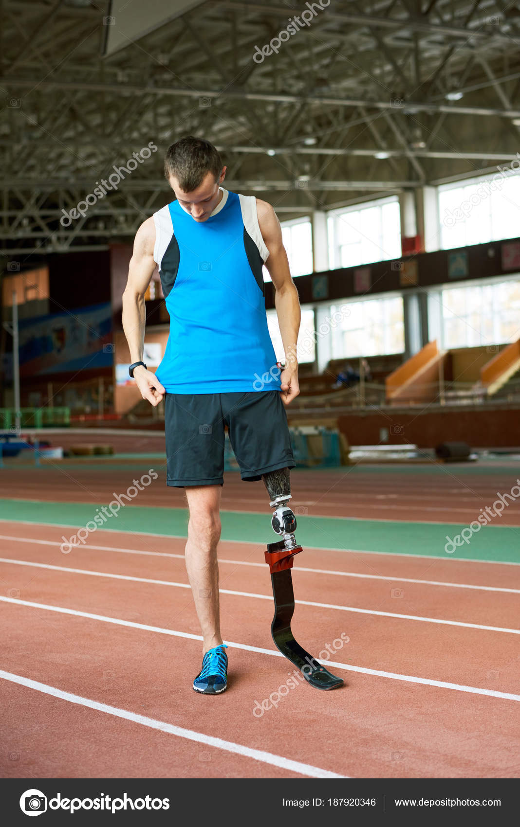 Full Length Portrait Young Amputee Athlete Standing Track Running ...