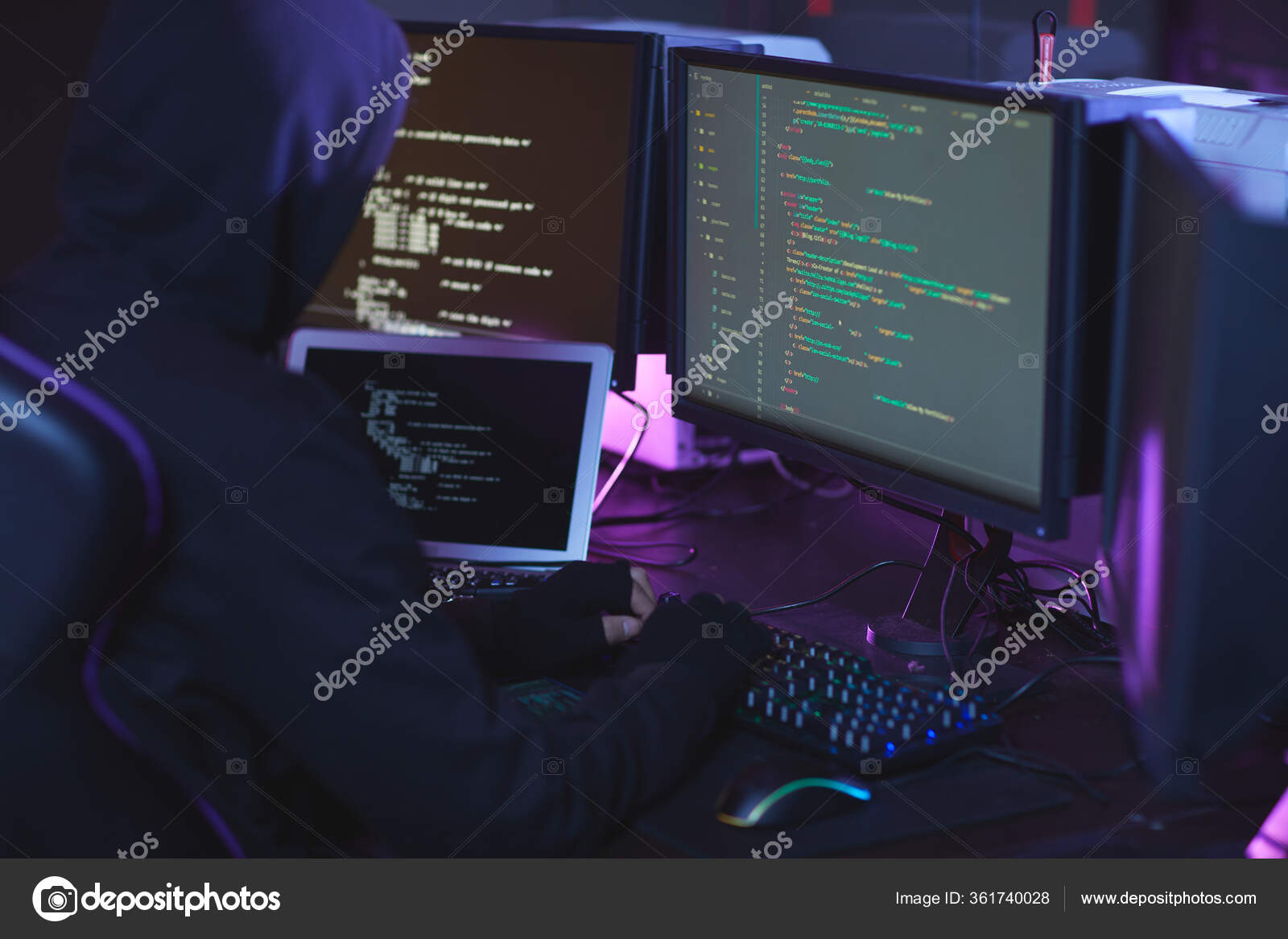 Back View Unrecognizable Cyber Security Hacker Wearing Hood While Working — Stock Photo ...