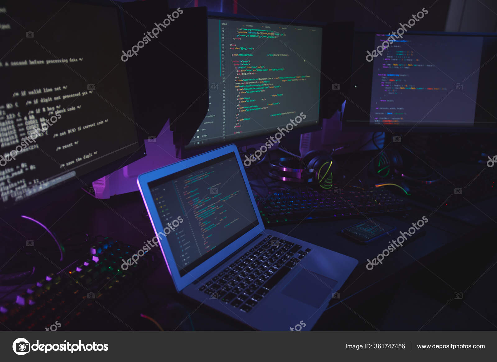 High Angle View Various Computer Equipment Programming Code Screens ...
