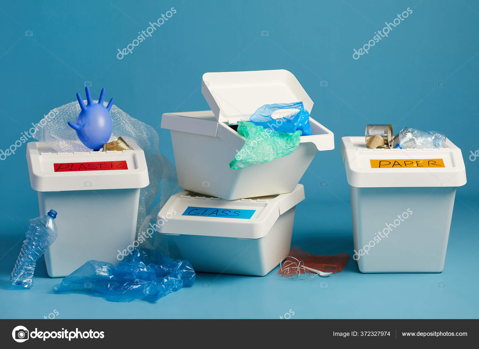 Horizontal Image Full Trash Bins Plastic Paper Waste Row Blue — Stock ...