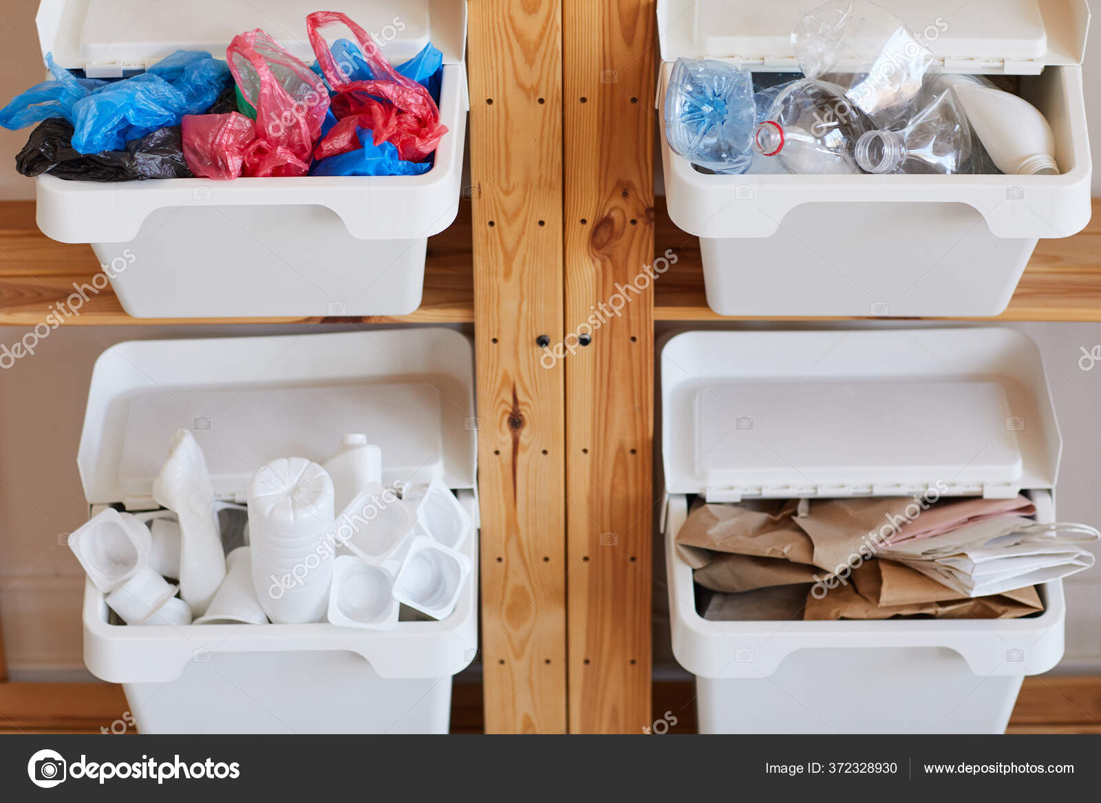 Background Image Wooden Shelves Rack Four Plastic Bins Waste Sorting ...