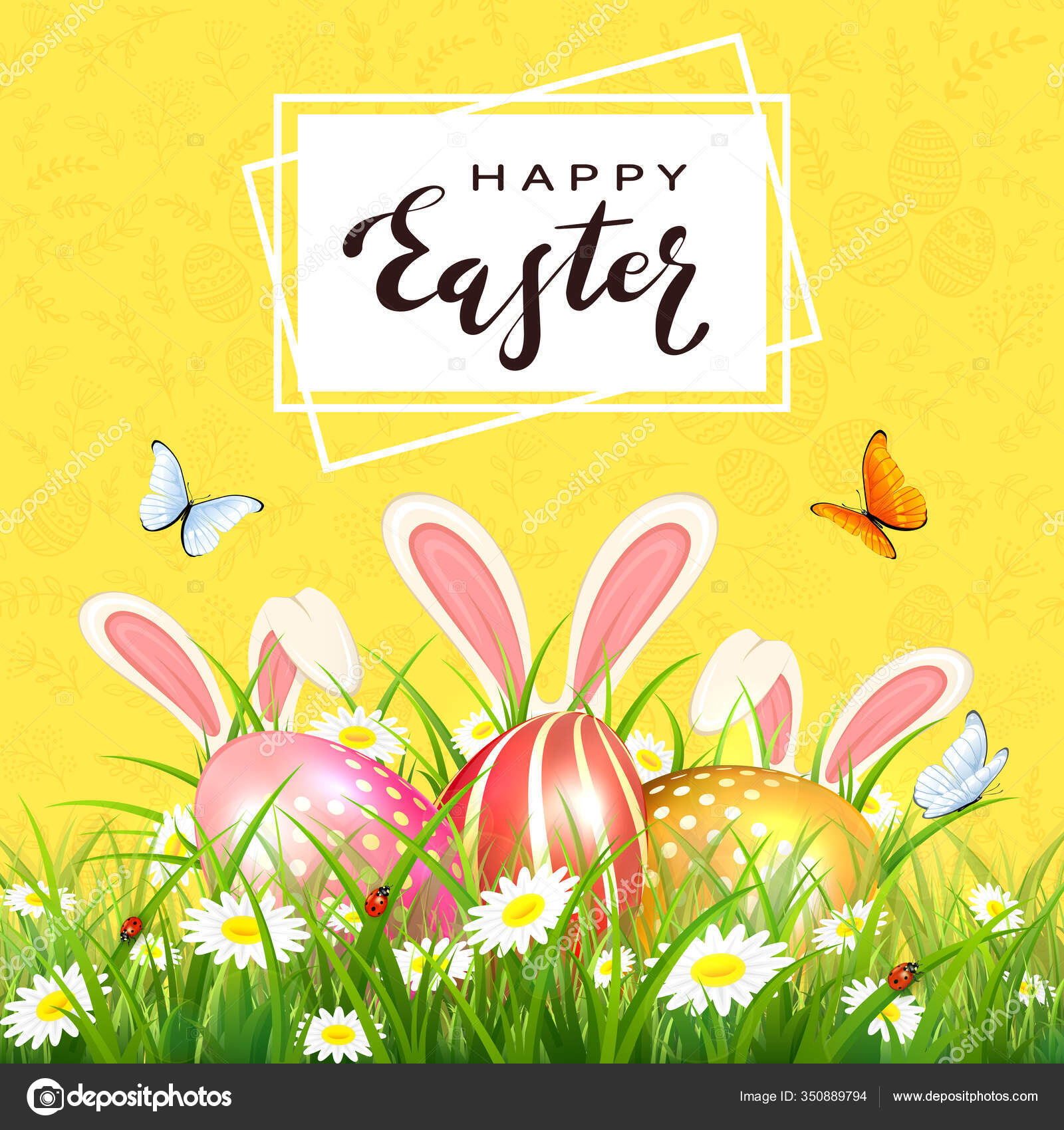 Yellow Background Floral Pattern Lettering Happy Easter Butterflies ...