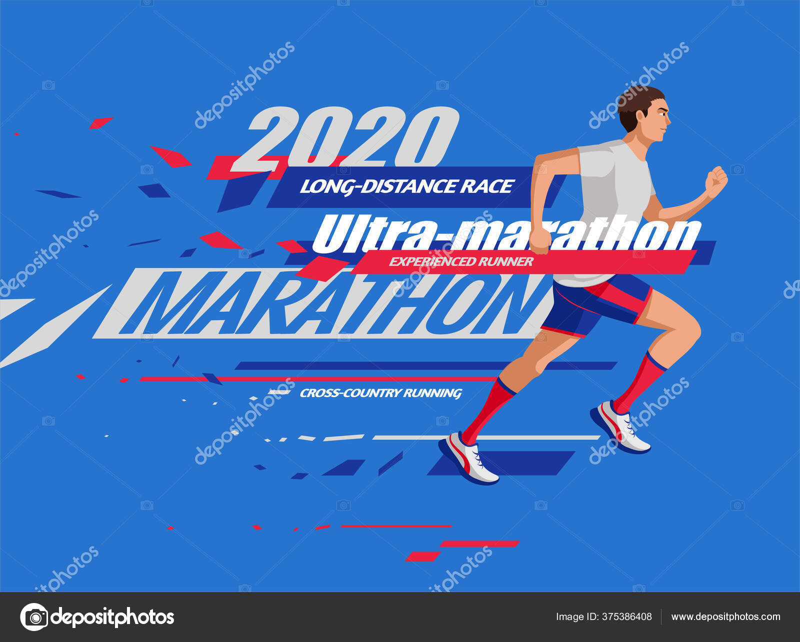 Flat Style Marathon Banner Design Energetic Runner Blue Background ...