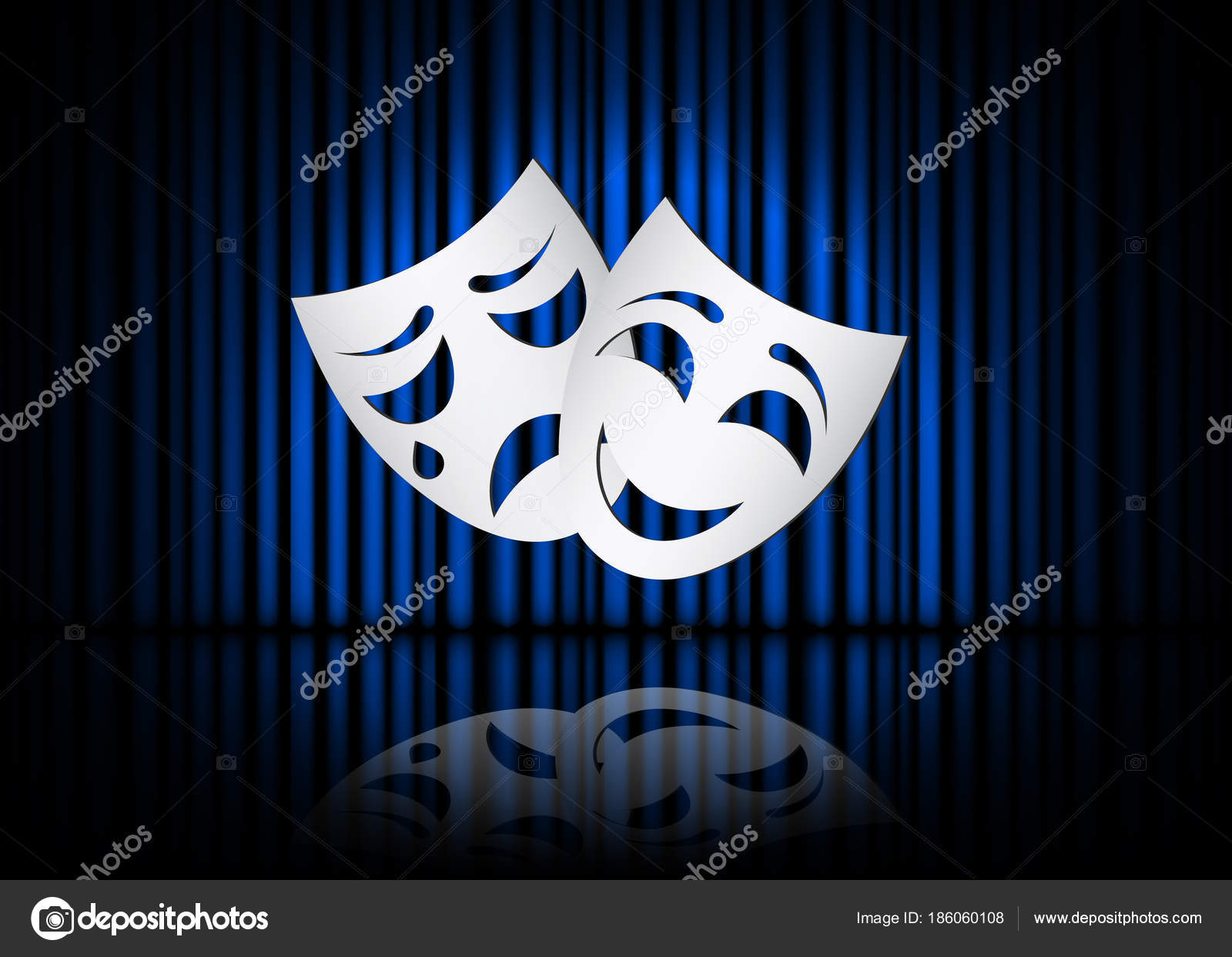Topeng teater yang bahagia dan sedih, adegan teatrikal dengan tirai ...