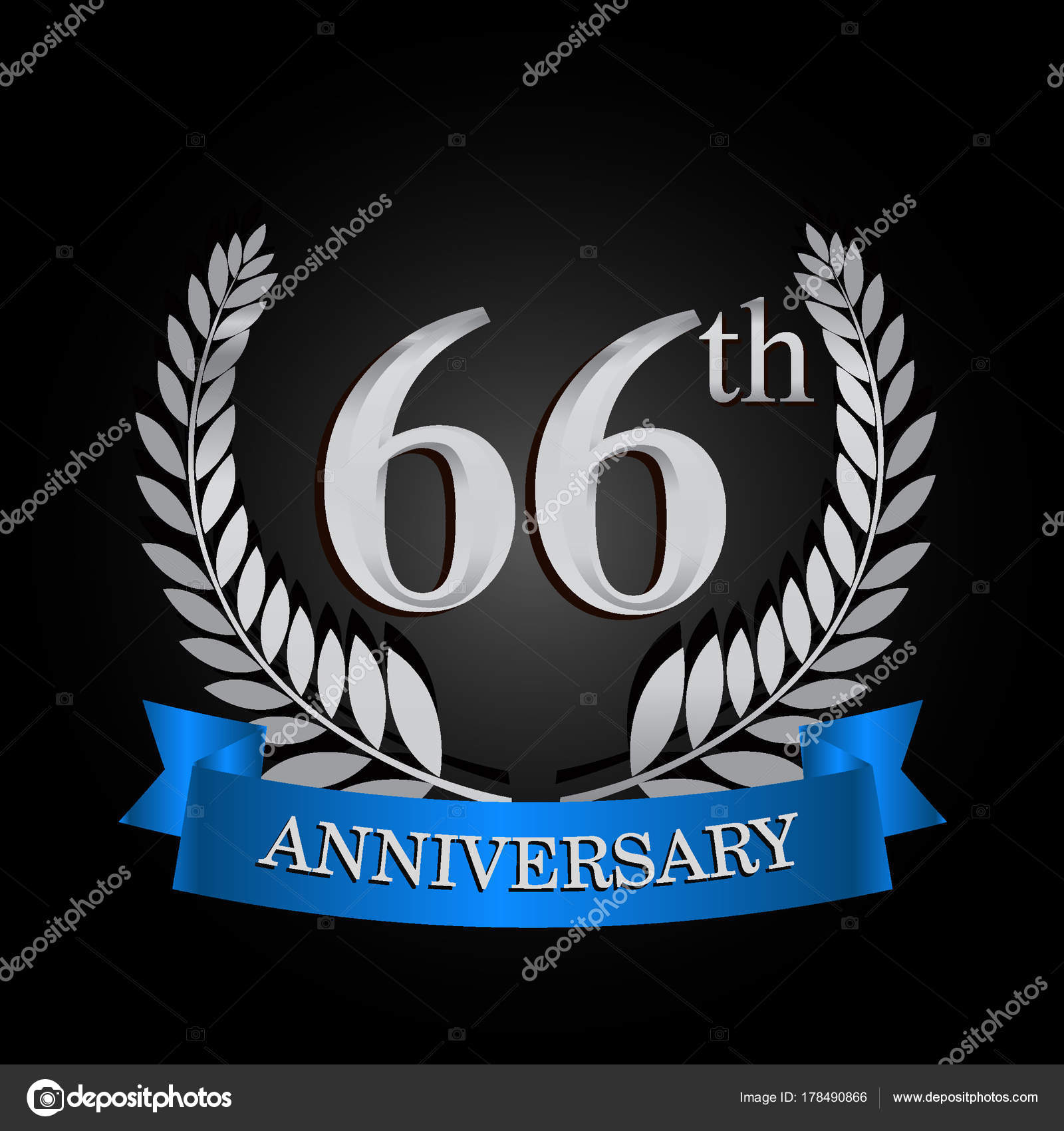 66Th Anniversary Logo Blue Ribbon Laurel Wreath Vector Template ...