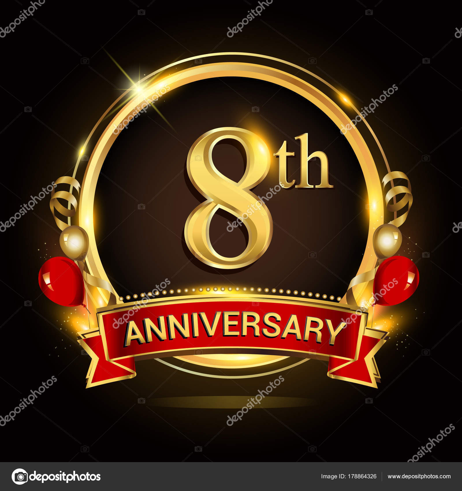 8Th Anniversary Logo Golden Ring Balloons Red Ribbon Vector Design ...
