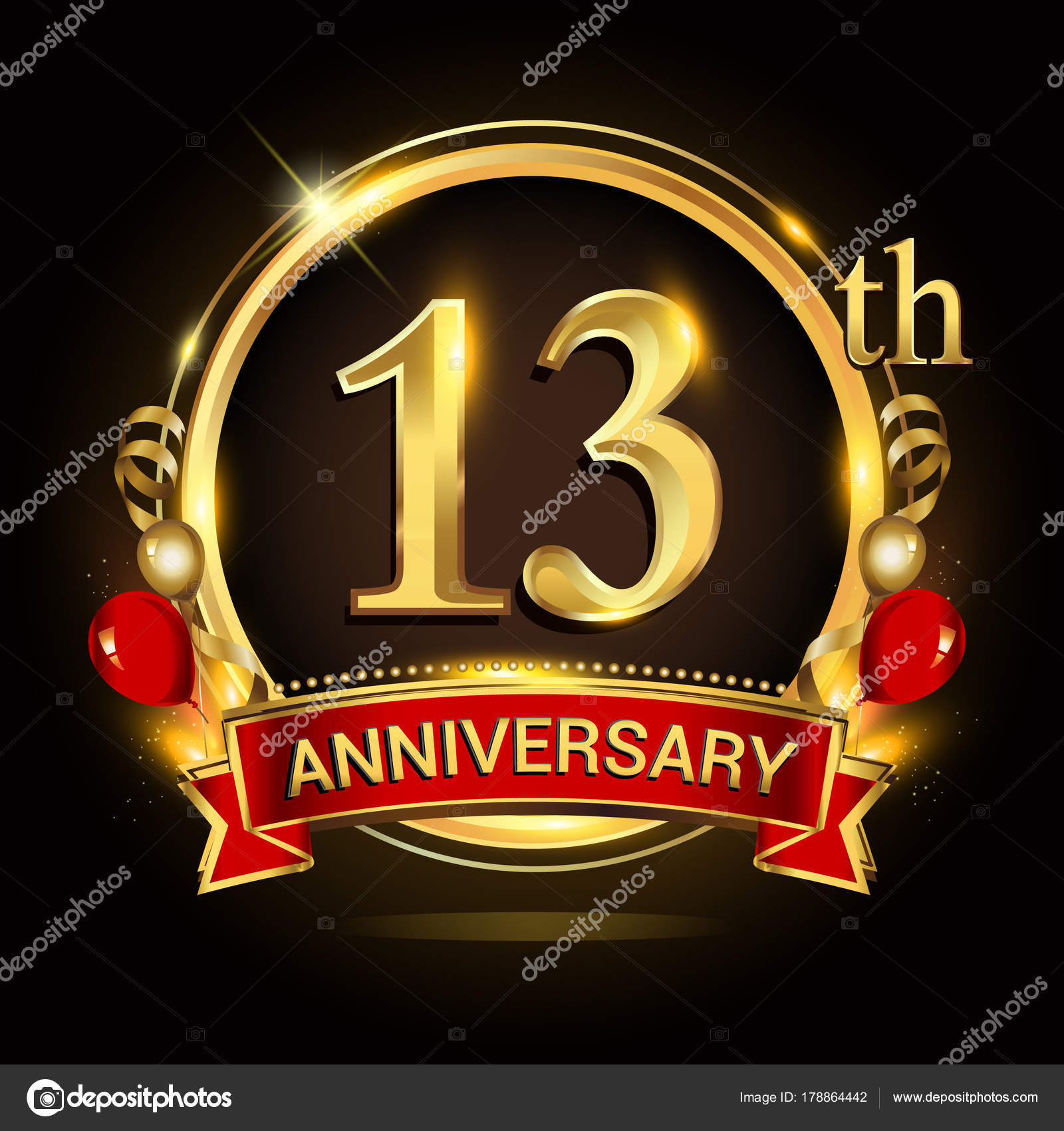 13Th Anniversary Logo Golden Ring Balloons Red Ribbon Vector Design ...