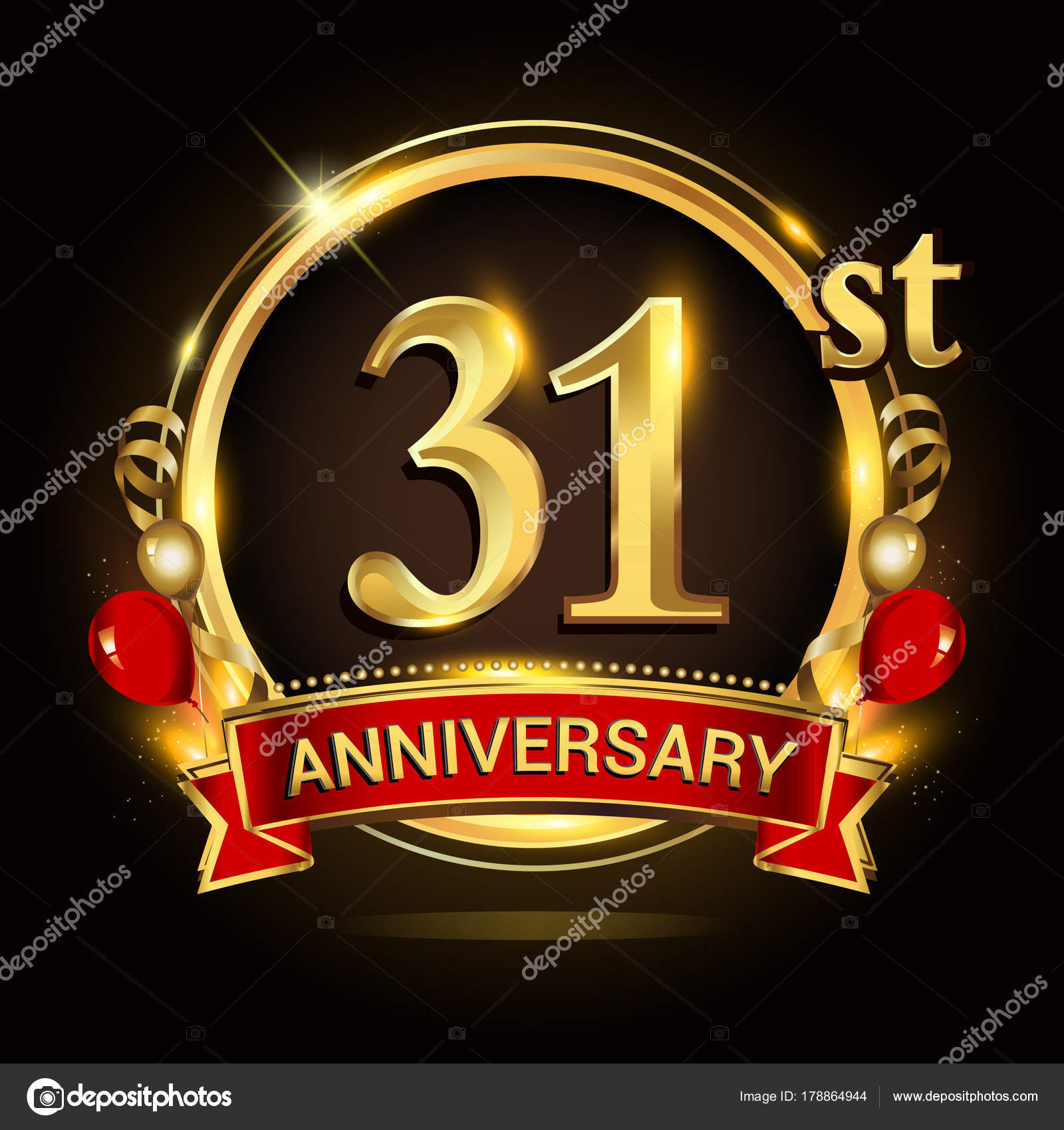 31St Anniversary Logo Golden Ring Balloons Red Ribbon Vector Design ...