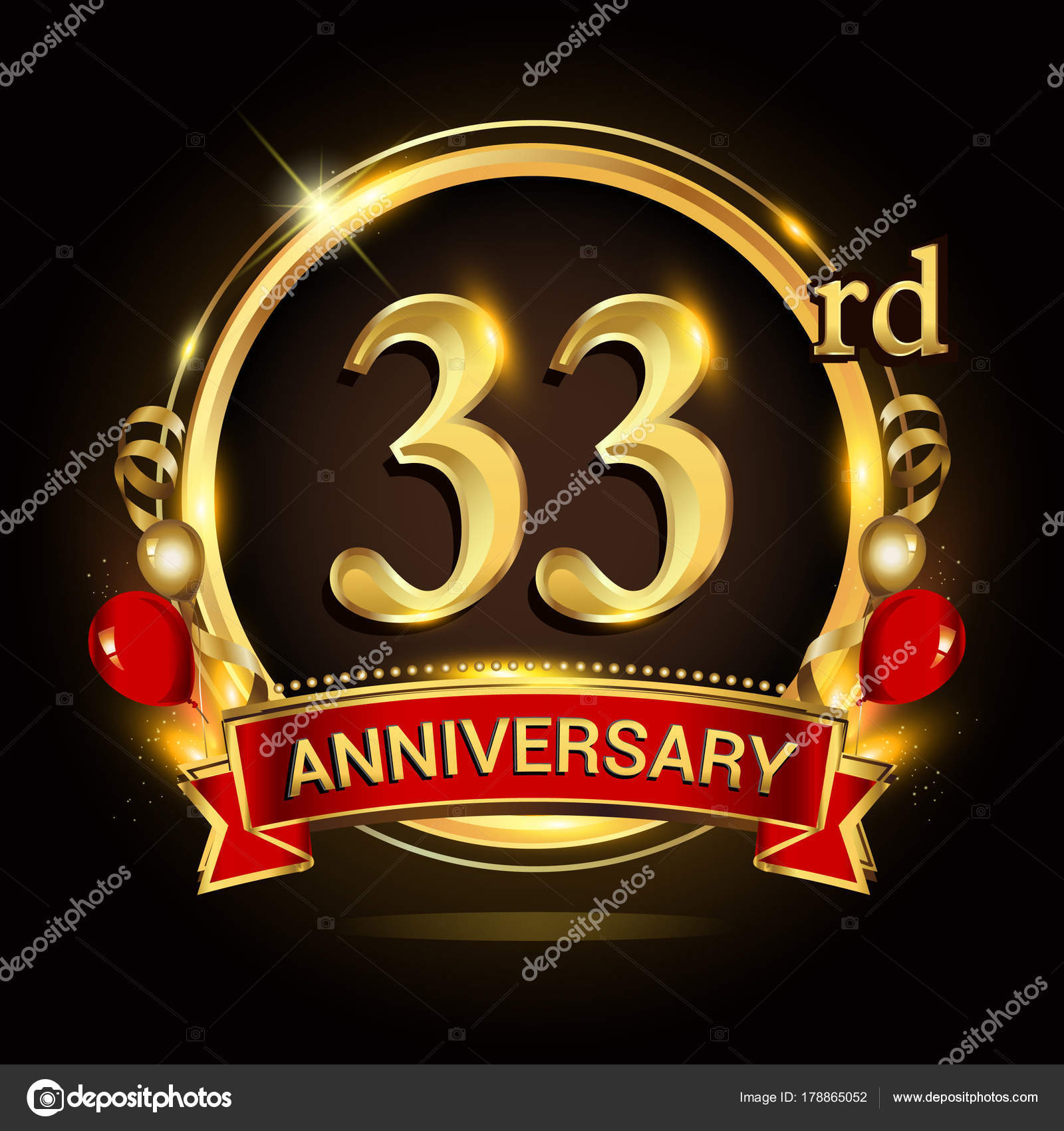 33Rd Anniversary Logo Golden Ring Balloons Red Ribbon Vector Design ...