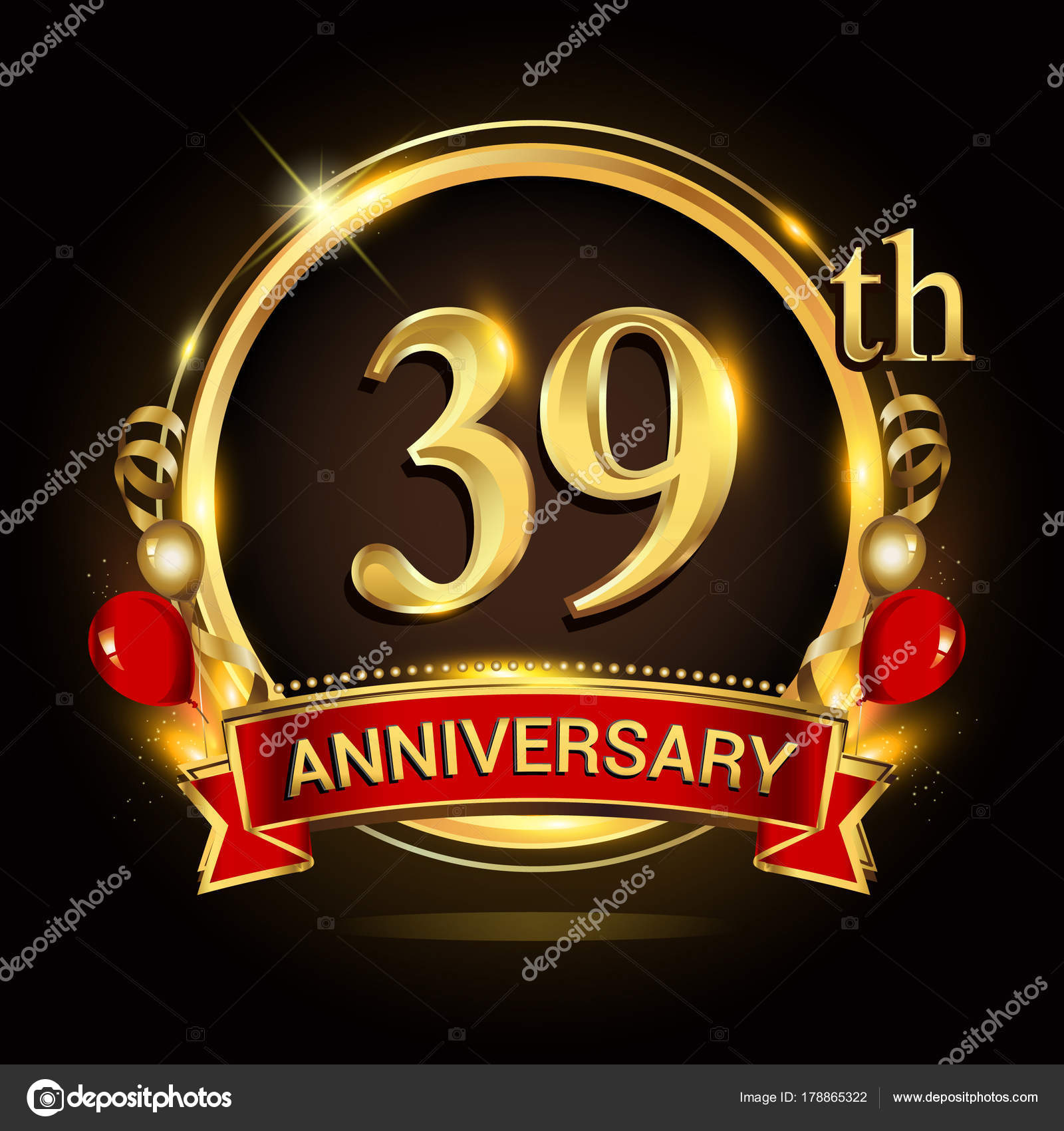 39Th Anniversary Logo Golden Ring Balloons Red Ribbon Vector Design ...