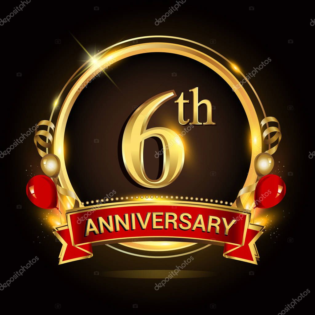 Logotipo del sexto aniversario con anillo dorado, globos y cinta roja. Elementos de plantilla de ...