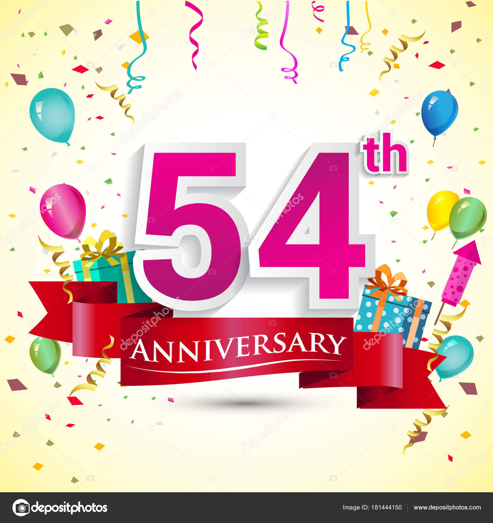 54Th Anniversary Celebration Design Gift Box Balloons Red Ribbon ...