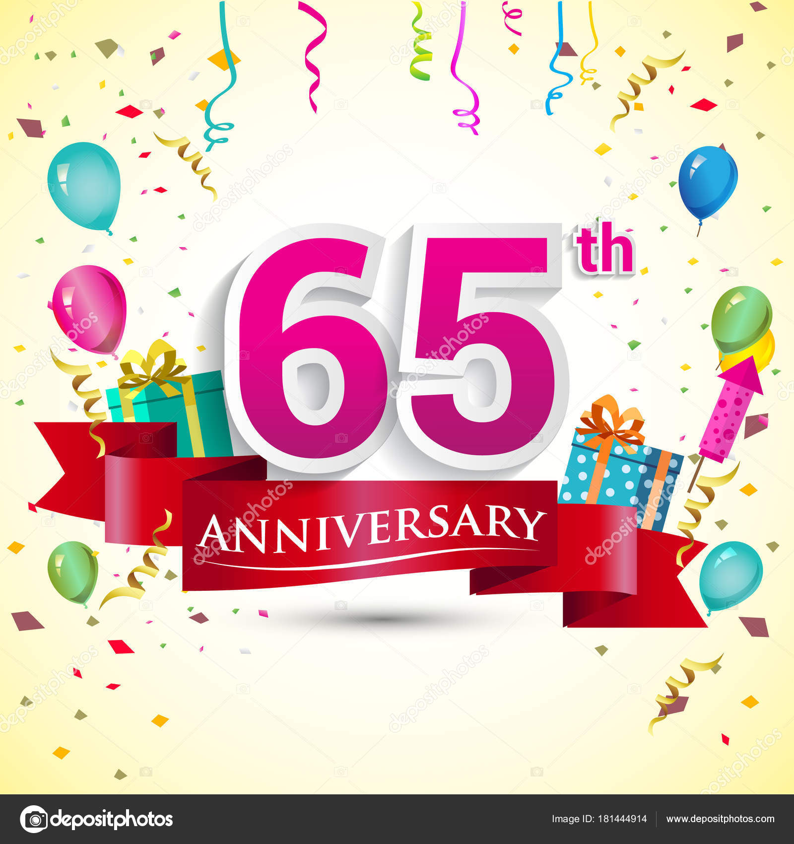 65Th Anniversary Celebration Design Gift Box Balloons Red Ribbon ...