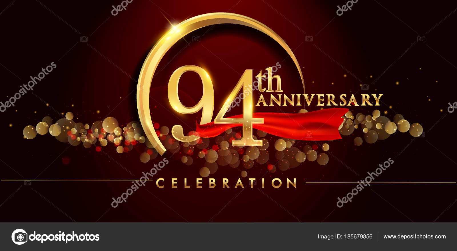 94Th Anniversary Logo Golden Ring Confetti Red Ribbon Elegant Black ...