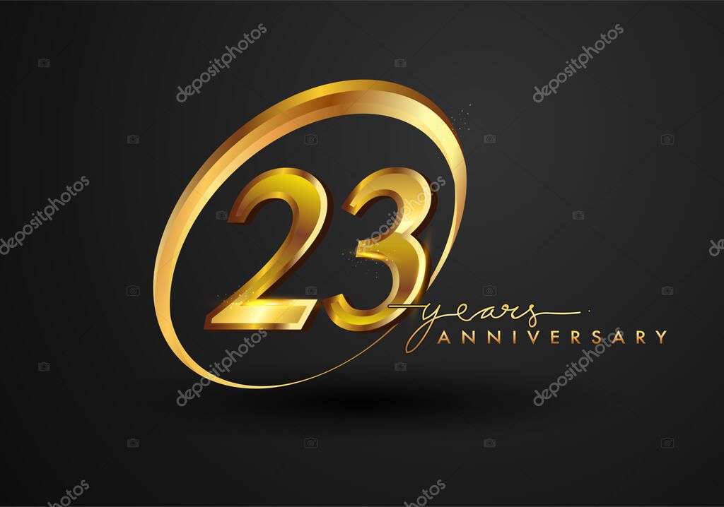 23 años de celebración del aniversario. Logo de aniversario con anillo y elegancia color dorado ...