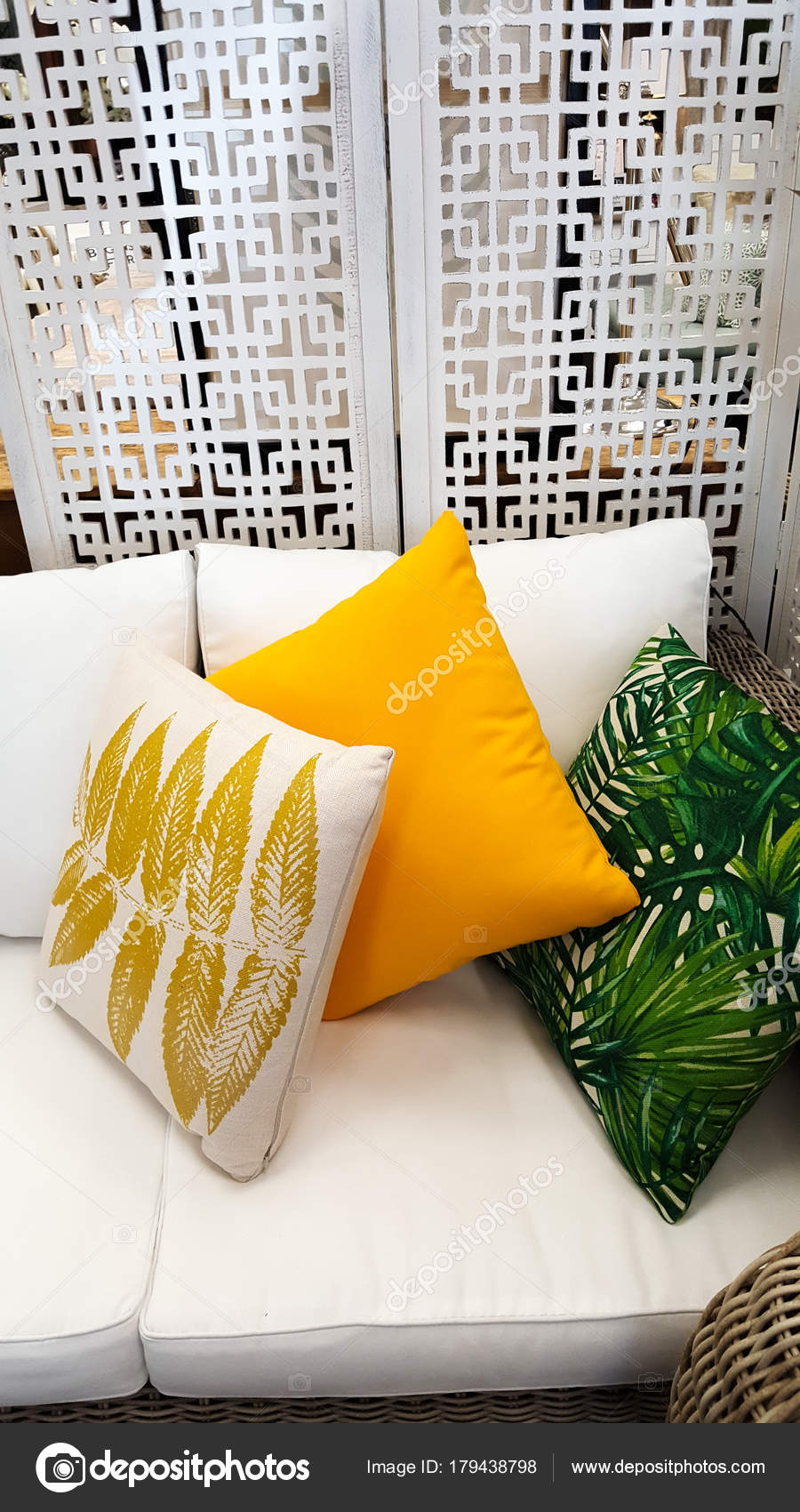 Cushions on couch in mix of colors interior designer — Stock Photo ...