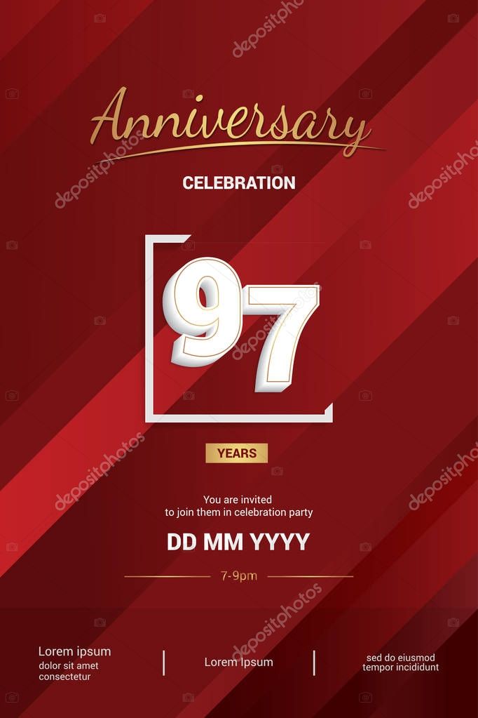 Logotipo del aniversario de 97 a os con el n mero blanco 3d, ilustraci n del vector en el fondo 2024