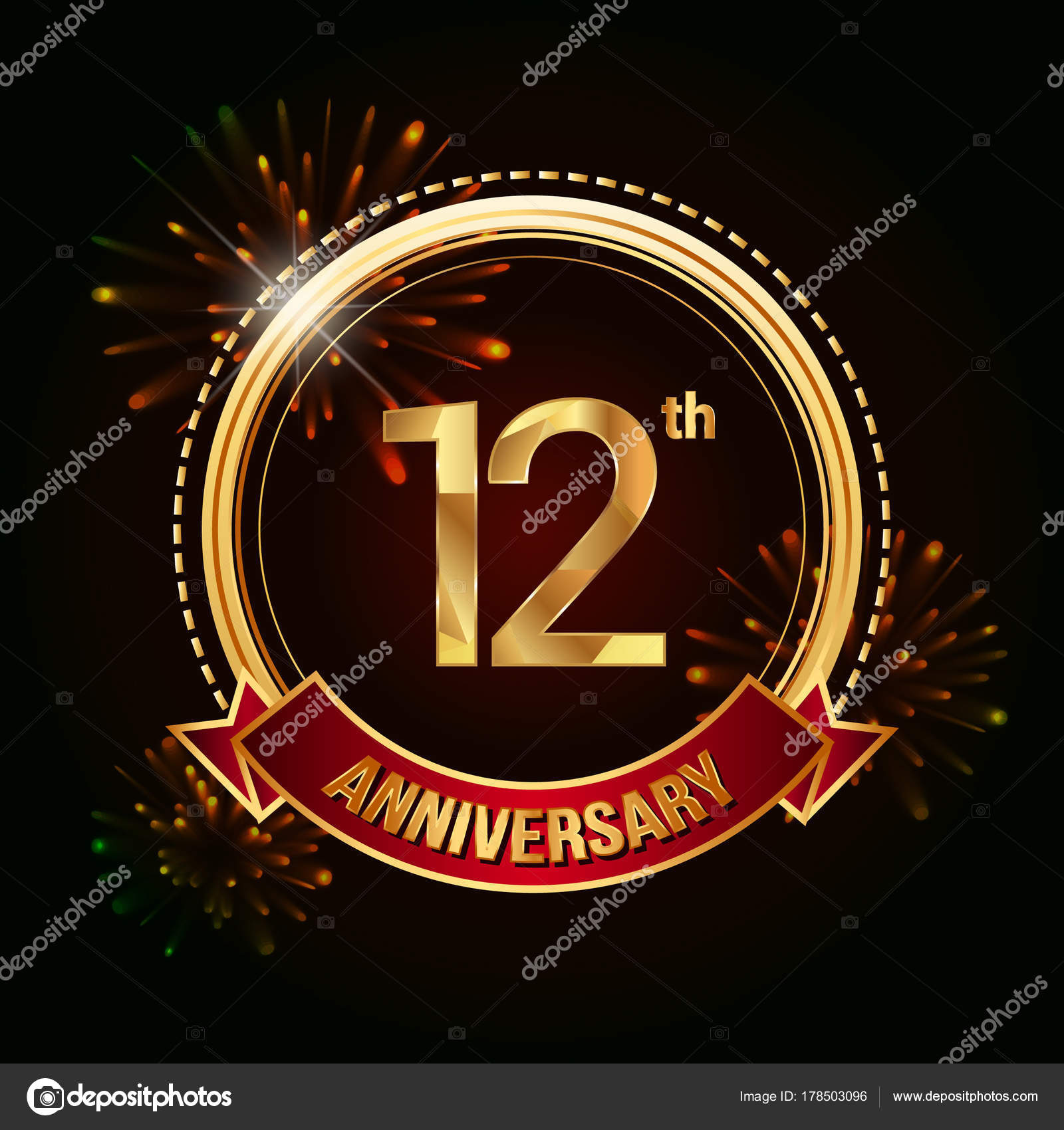 12Th Gold Anniversary Celebrating Logo Red Ribbon Fireworks Vector ...