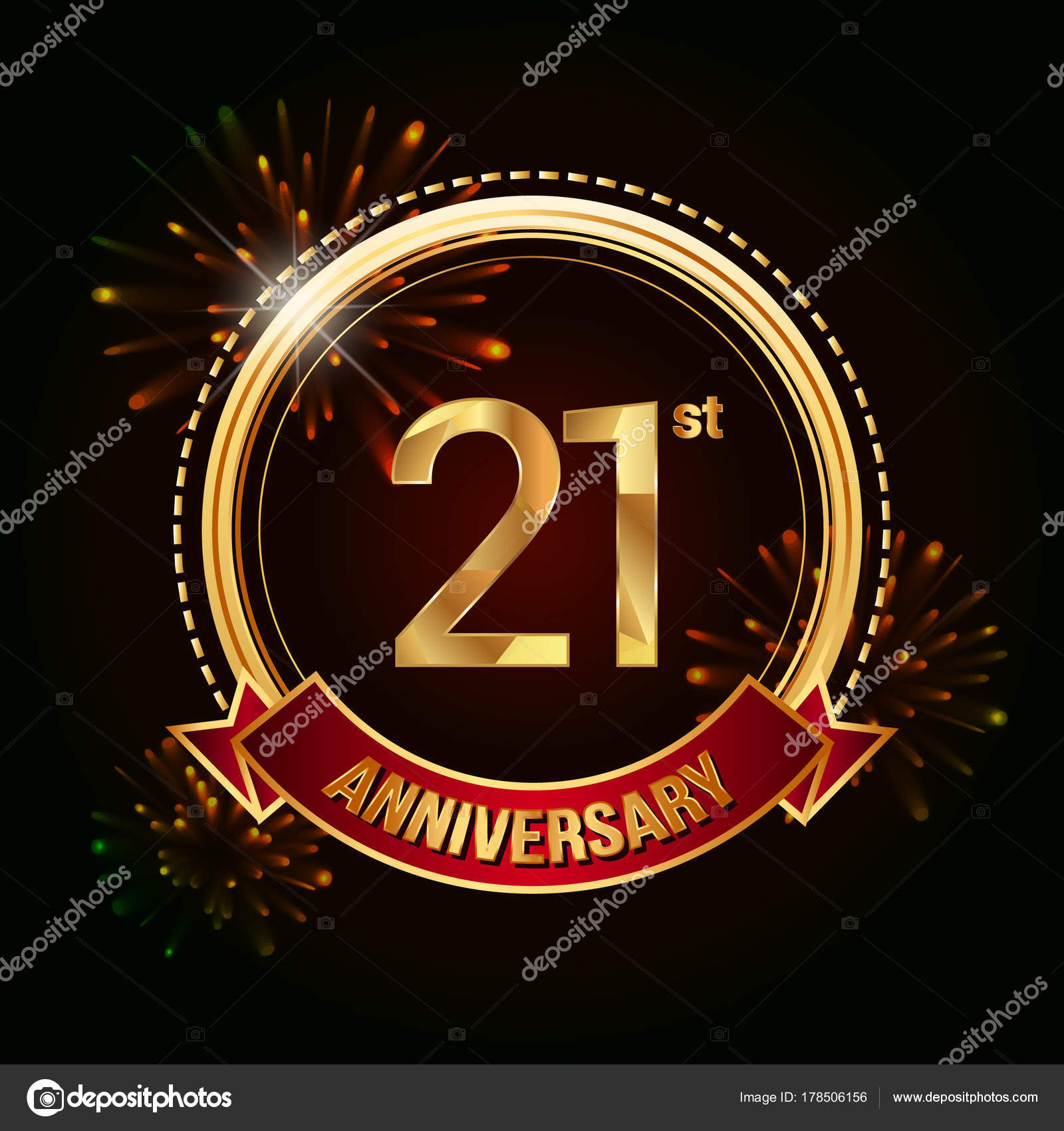 21St Gold Anniversary Celebrating Logo Red Ribbon Fireworks Vector ...