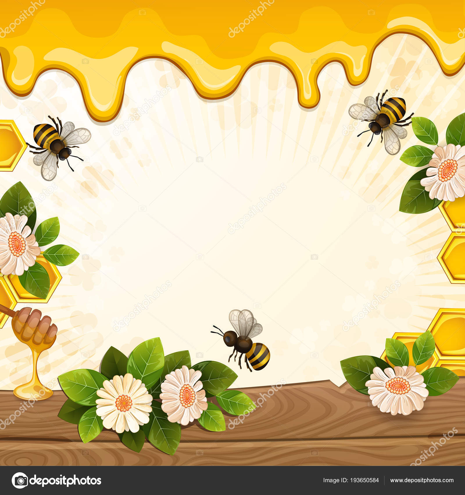 Beautiful Background Bees Honey Jar Flowers Honeycomb Wood Banner Stock ...