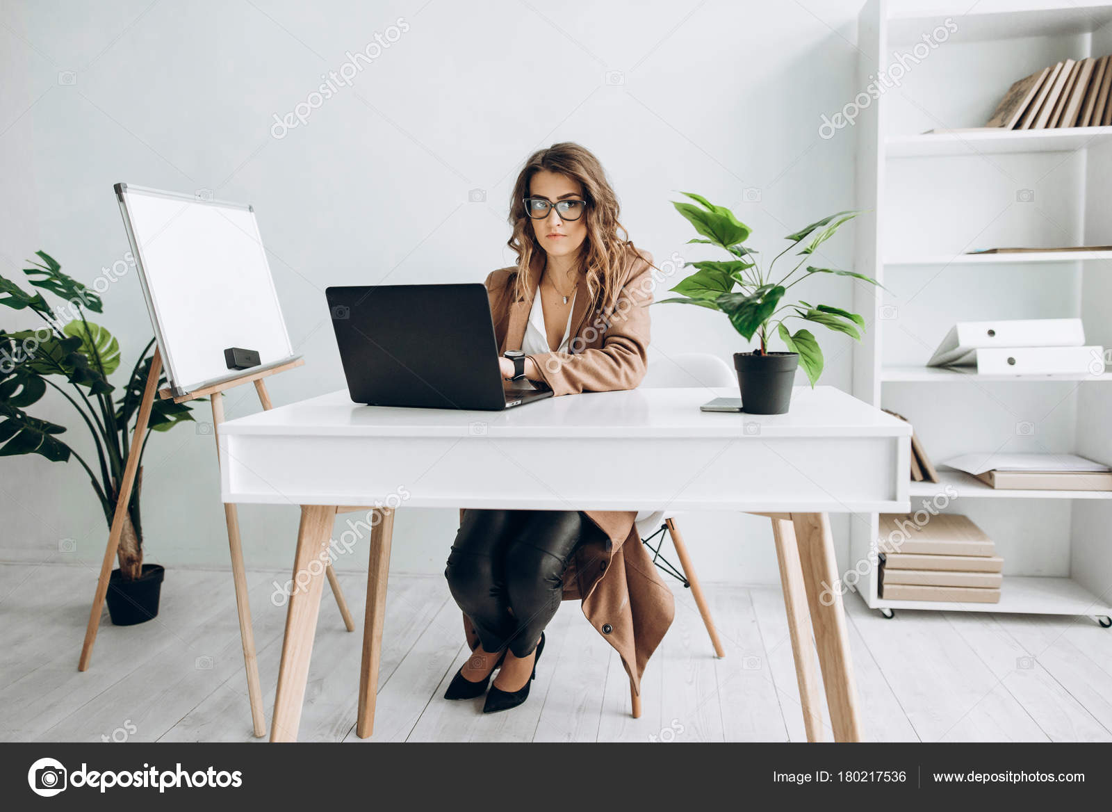 Beautiful Smart Girl Working Laptop Her Workplace Office Stock Photo by ...
