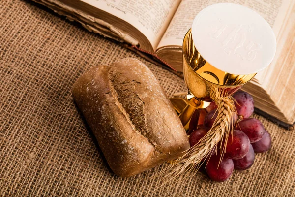 Communion Table With Wine Bread Grapes and Wheat Stock Photo by ...