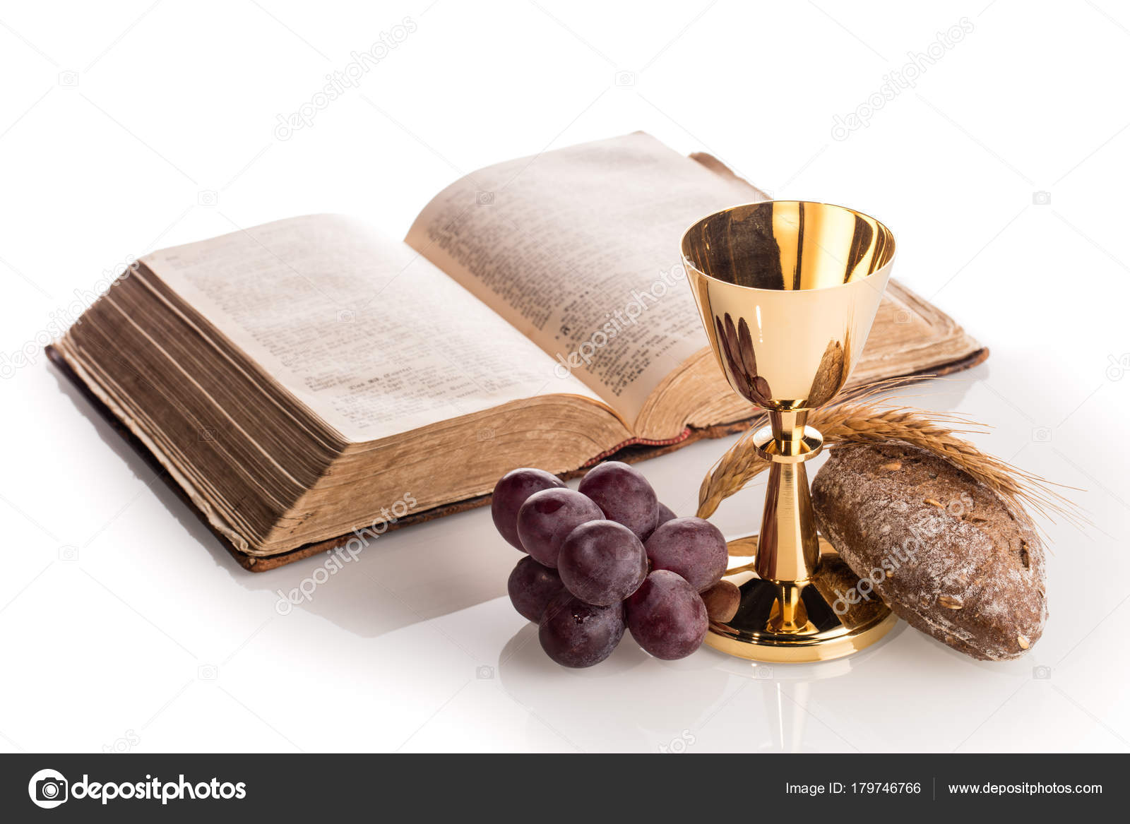 Composition Golden Chalice Bread Bunch Grapes Holy Bible Stock Photo by ...