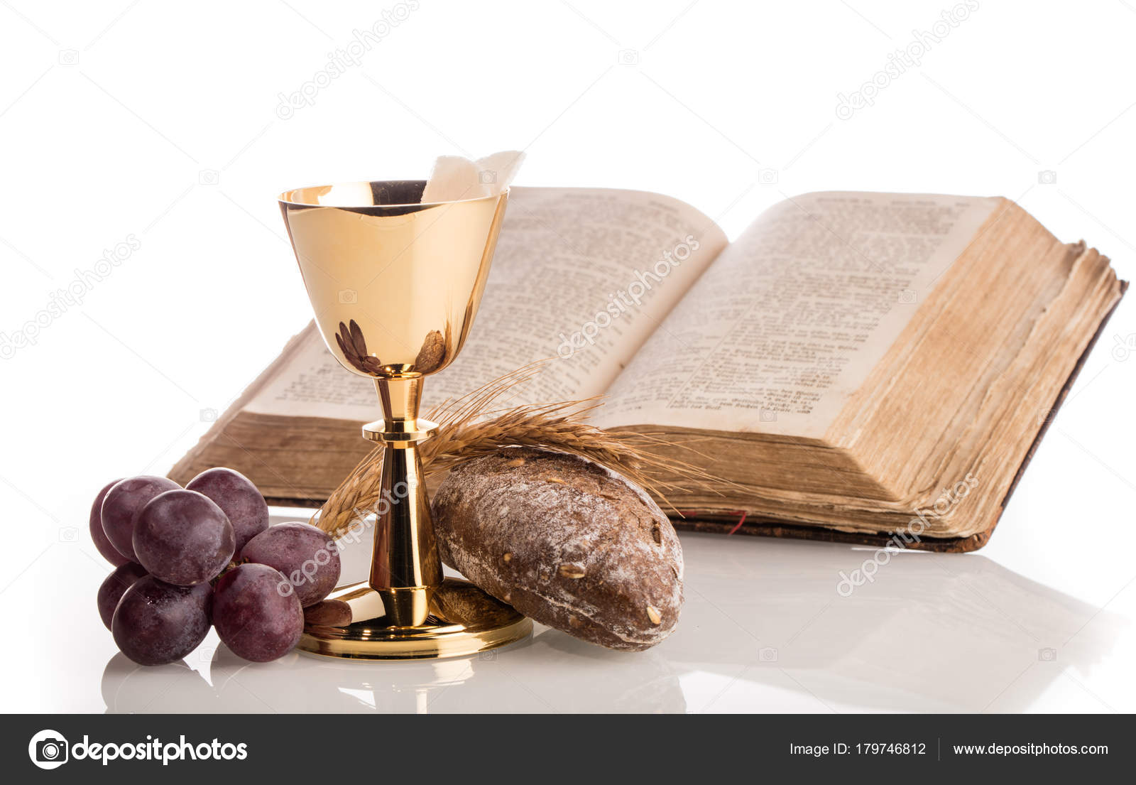 Christian Composition Golden Chalice Bunch Grapes Bread Crucifix Holy ...