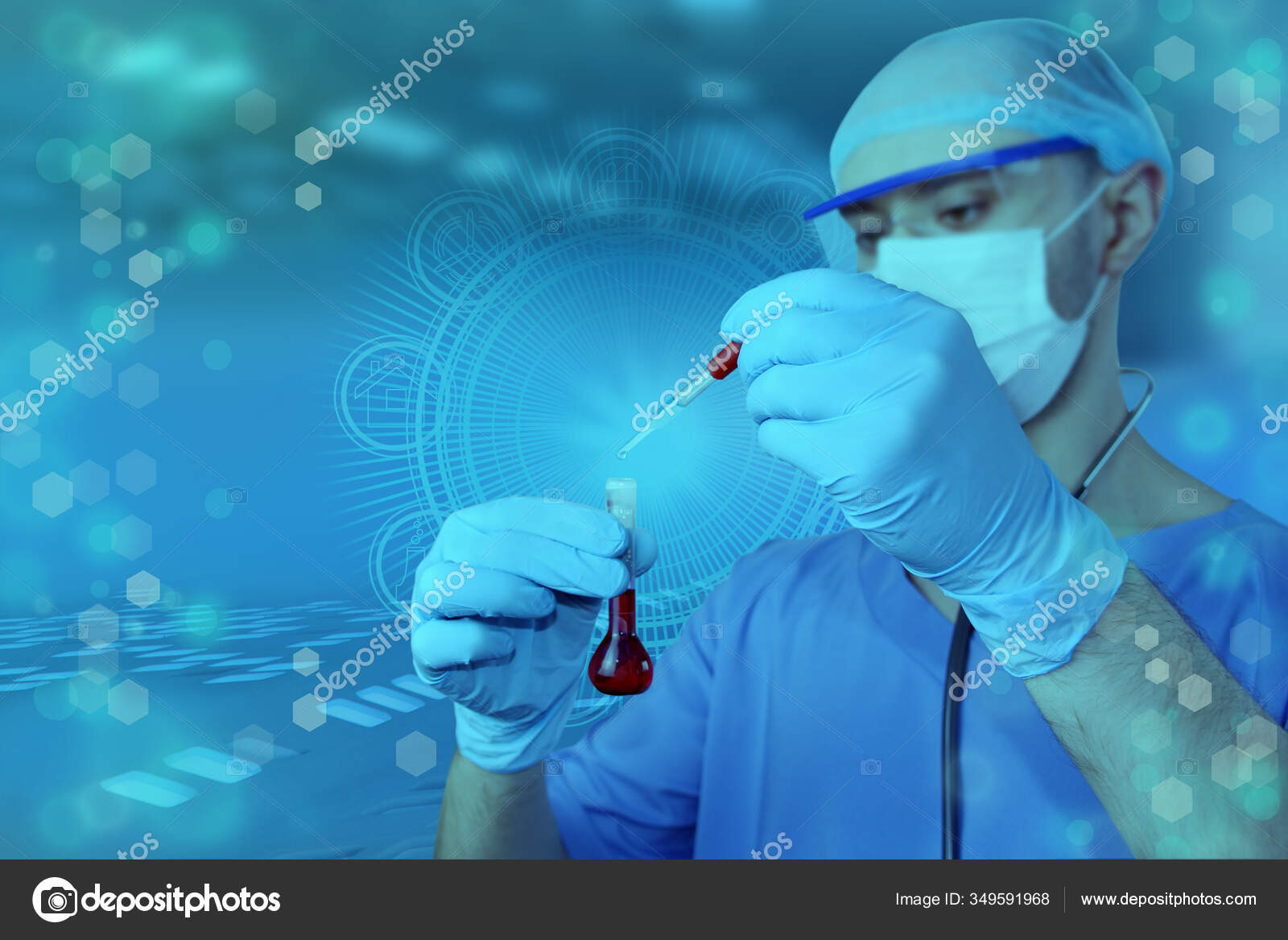 Male Doctor Blue Uniform Stethoscope Protective Mask Glasses Conducting ...