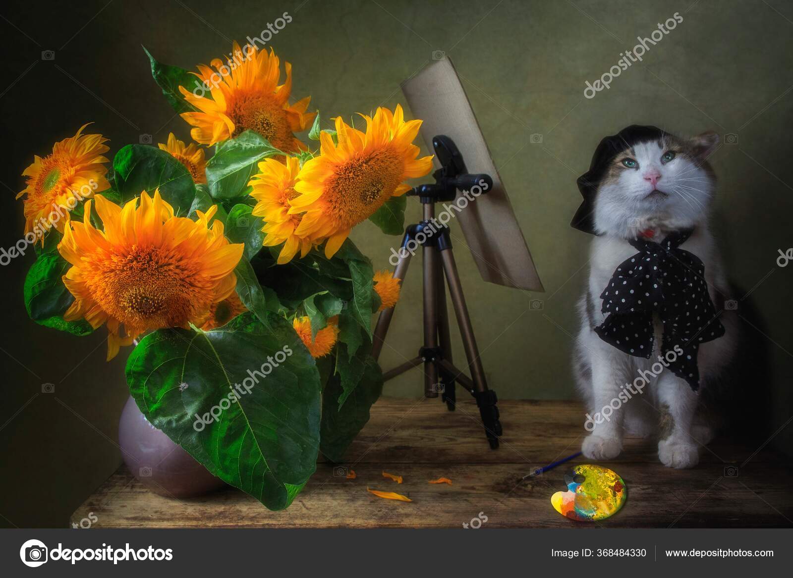 Still Life Bouquet Sunflowers Cat Painter — Stock Photo © daykiney ...
