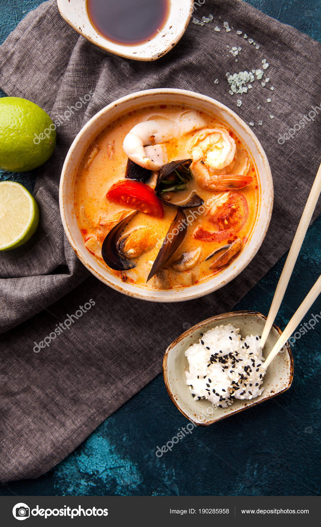 Japanese Tom Yam Soup Seafood Rice Chopsticks Lime Stock Photo by ...