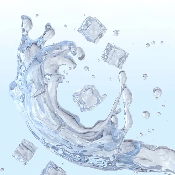 Water splash with ice cubes and water droplets isolated. 3D ...