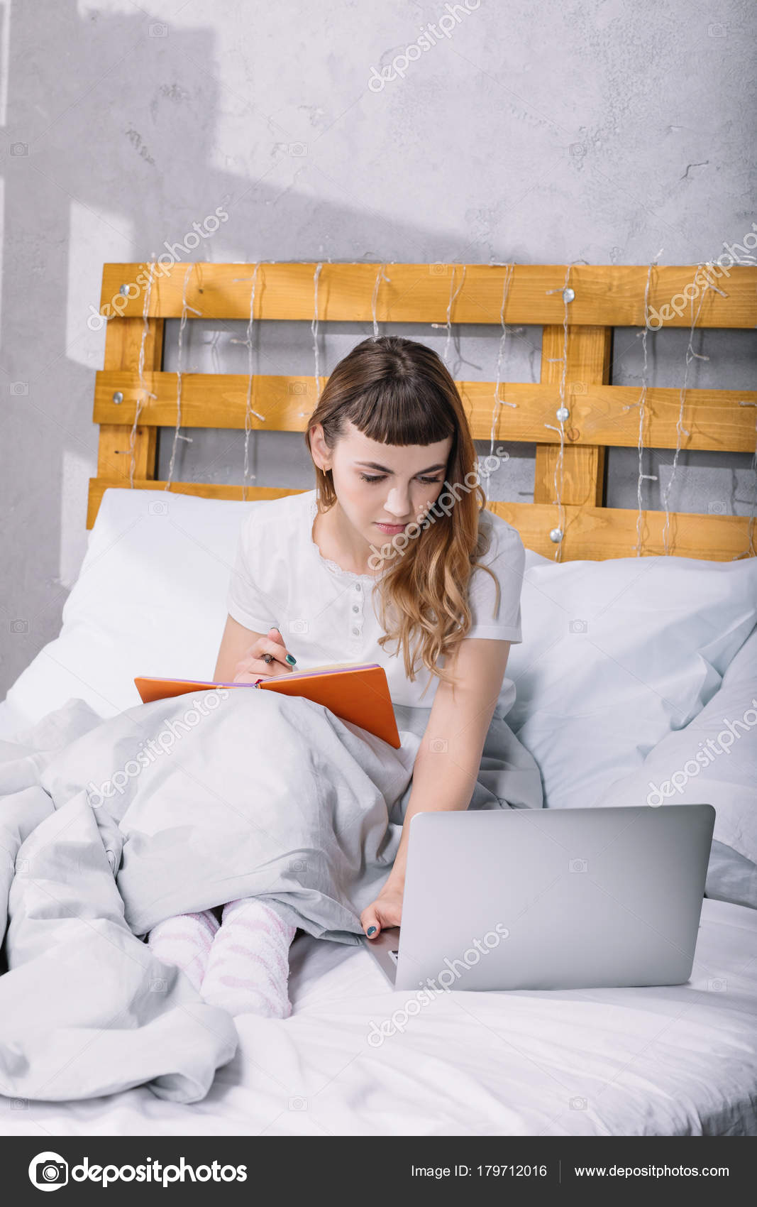 Girl Studying Bed Morning Using Laptop — Stock Photo © NastyaBerezen ...