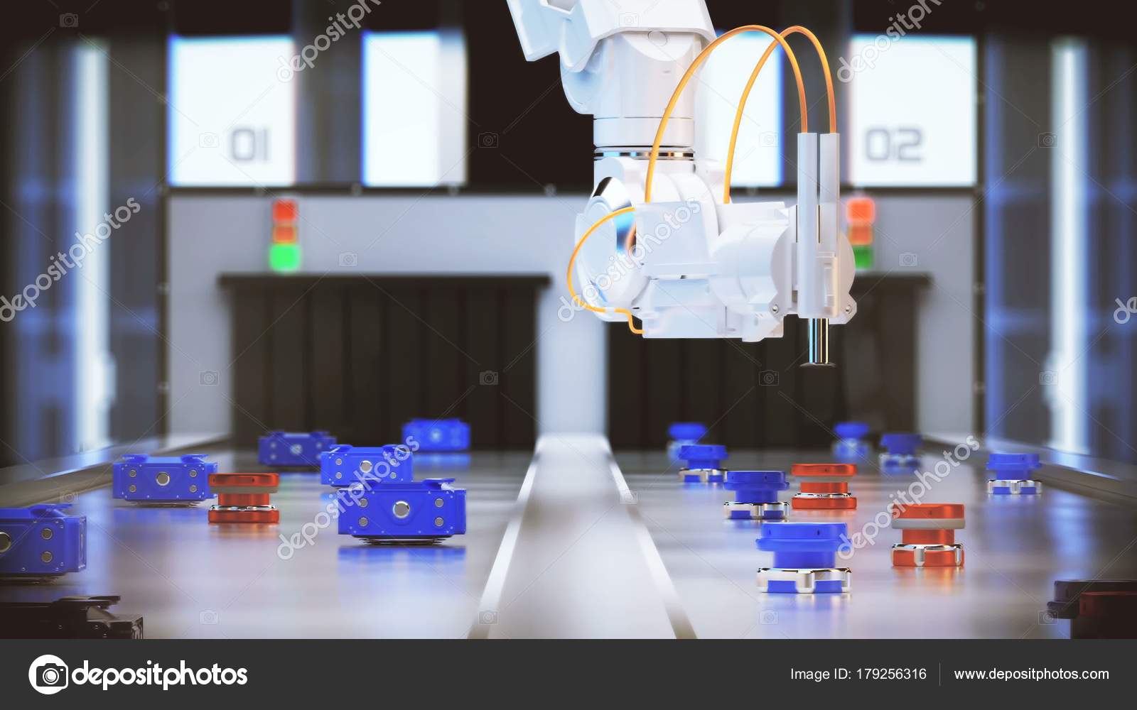 Robotic arm conveyor selection. 3d illustration — Stock Photo ...